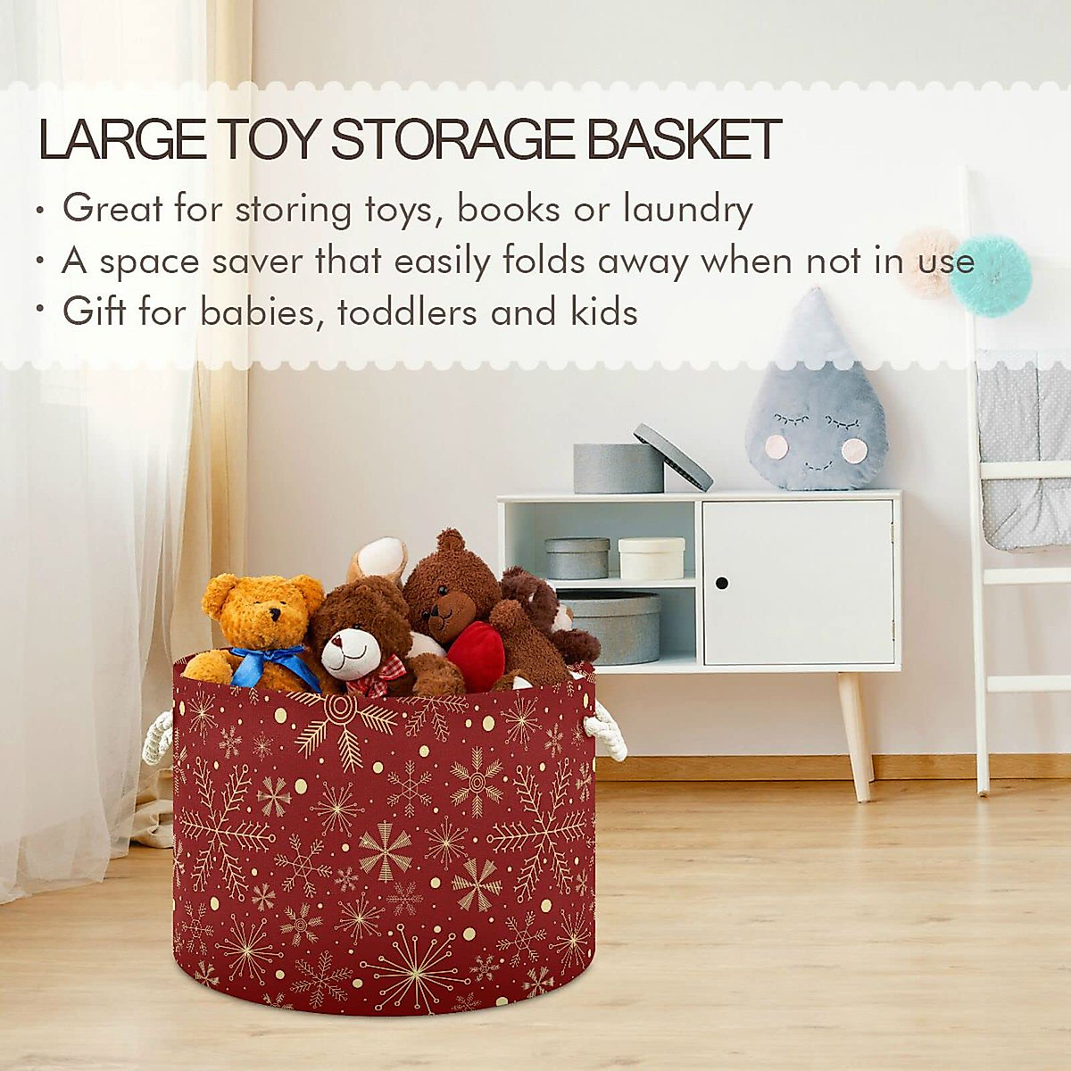 Large Storage Basket Christmas Snowflakes on Dark Red Toy Storage Box Organizer Bins with Handles Laundry Hamper Basket for Home Decor