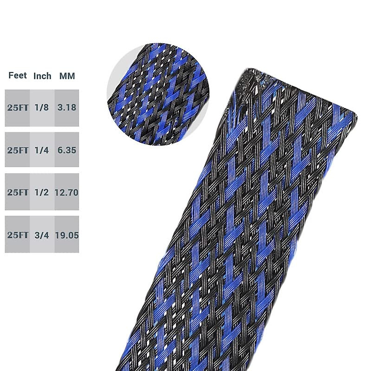 25ft-1/4inch PET Expandable Braided Sleeving Wire Loom Cable Sleeves Automotive Wire Sleeve Cable Management Wrap Wire Protector Tubing Desk Wire Organizer for Home,Office,Audio HDMI Cable,Black&Blue