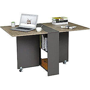 Folding Dining Table, Drop Leaf Dining Table with 6 Wheels and 2-Layer Storage Shelf, Space Saving Dining Table for Small Spaces, Chestnut and Gray 51.2 inch D x 31.5 inch W x 28.4 inch H