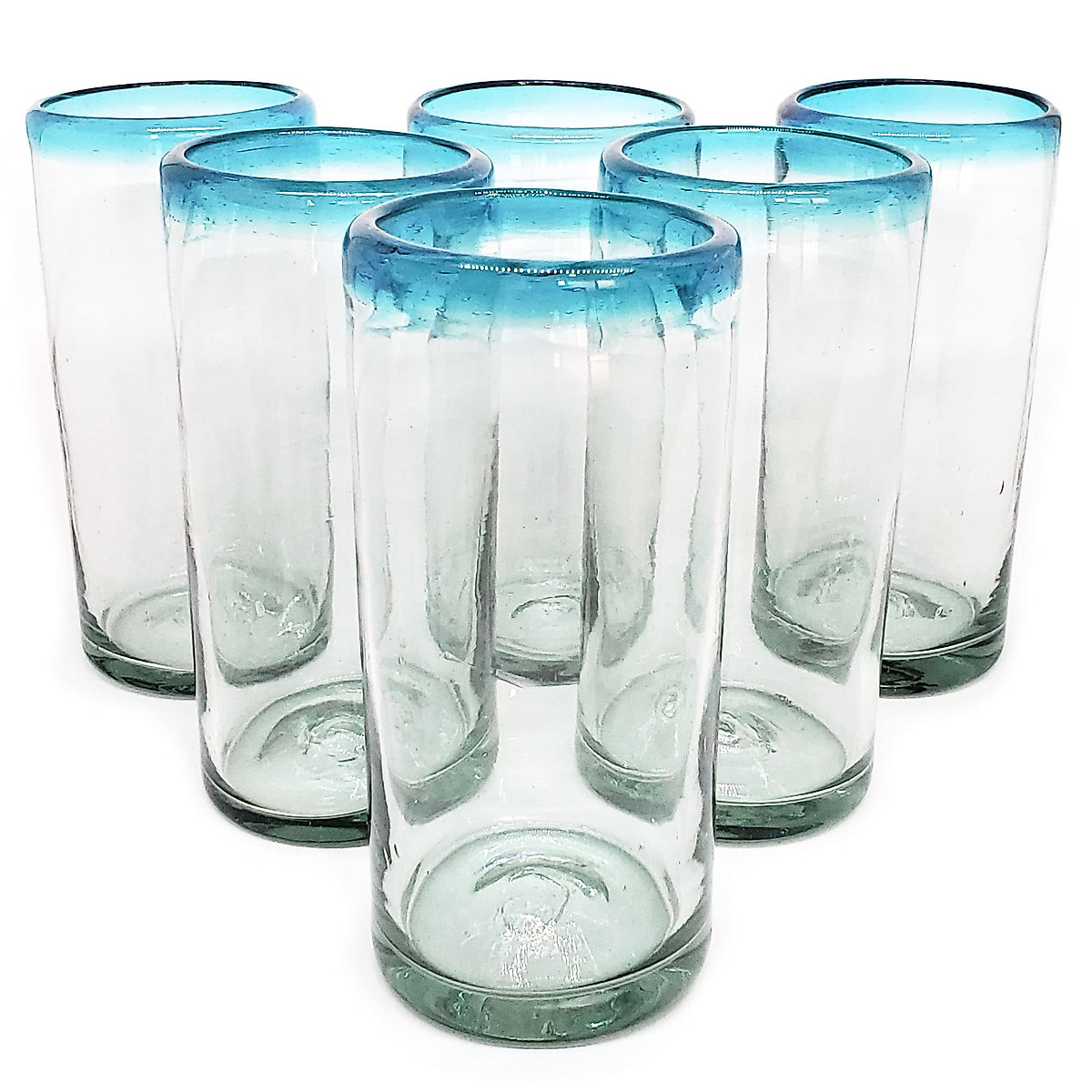 MexHandcraft Aqua Blue Rim 20 oz Tall Iced Tea Glasses, set of 6, Mexican Handmade Glassware, Recycled Glass, Lead & Toxin Free (Tall Iced Tea)