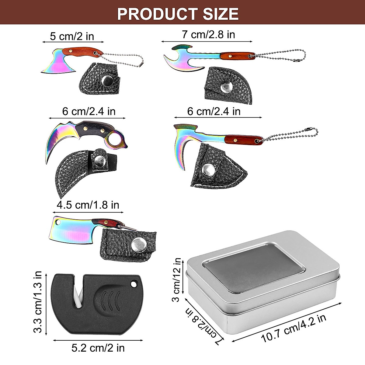 Ruksifg Mini Knife Set Tiny Knife EDC Knife for Package Opener, Letter Opener, Collection, Mini Knives Set with Sheath and Sharpener(Rainbow-5Pcs)