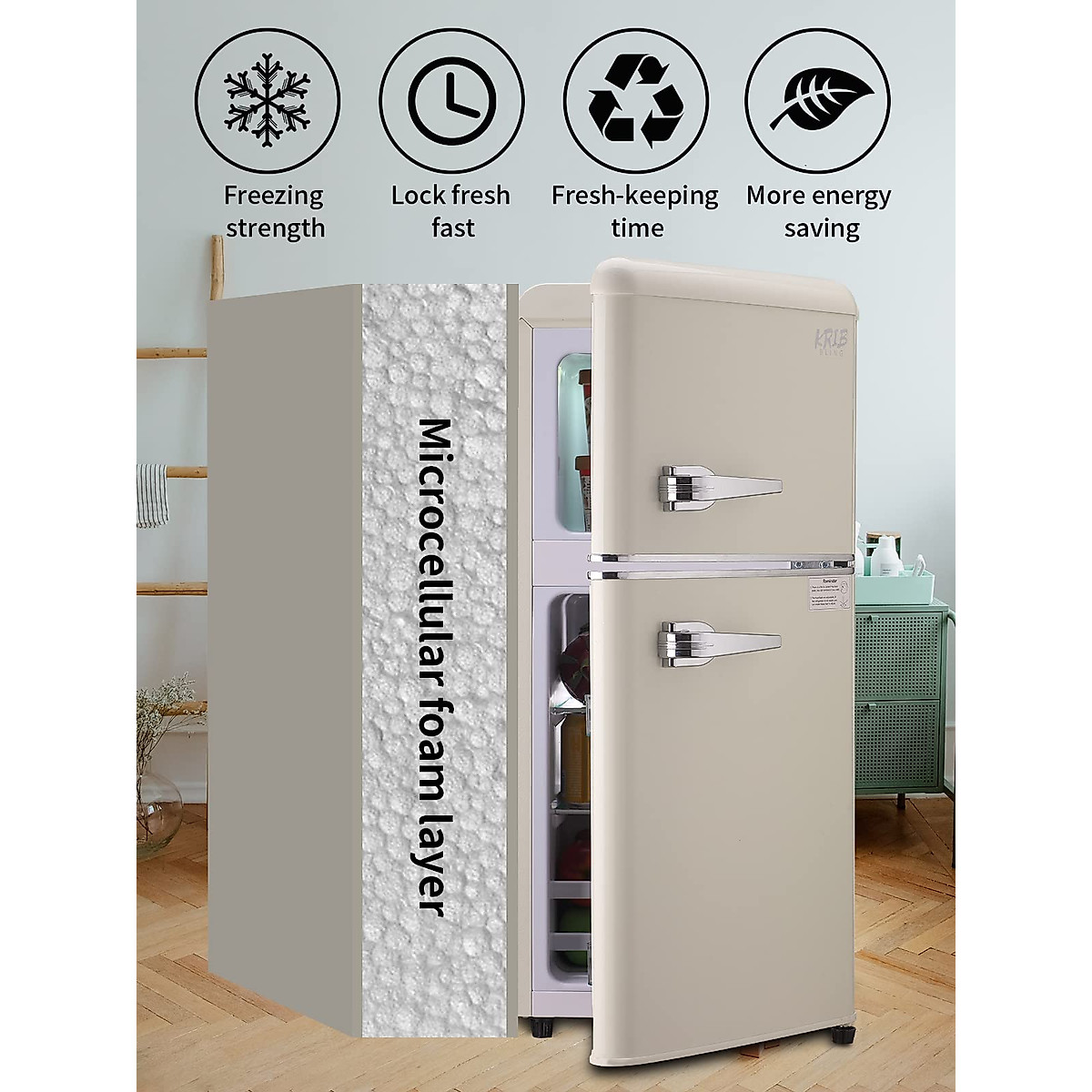 KRIB BLING 3.5 Cu.Ft Compact Refrigerator Mini Fridge with Freezer,7 Level Adjustable Thermostat Removable Shelves Small Refrigerator for Office Dorm Apartment White, Cream (KB02 FLS-80-CREAM)