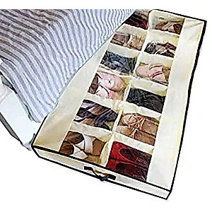 Shonpy 2pcs Men/Woman 12 Cells See Through Underbed shoes and boots Storage Bag Organizer with PVC window (2) (beige)