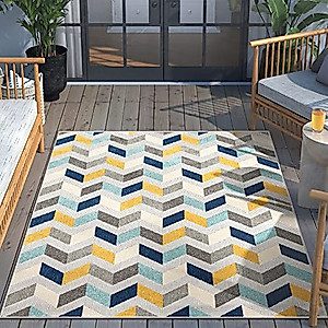 Well Woven Maui Blue Indoor/Outdoor Chevron Area Rug (5'3" x 7'3") High Traffic Stain Resistant Modern Geometric Carpet