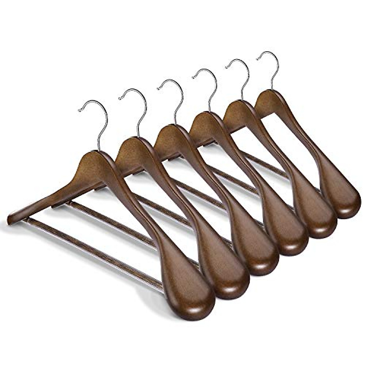 HOUSE DAY Wide Shoulder Wooden Hangers, Suit Hangers with Non Slip Pants Bar, Smooth Finish 360° Swivel Hook Solid Wood Coat Hangers for Dress, Jacket, Pants, Heavy Clothes Hangers 6 Pack (Walnut)