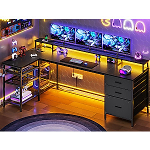 UPOSOJA L Shaped Gaming Desk with 3 Drawers, 78" Reversible Computer Desk with Power Outlet & LED Strip, Home Office Desk with Storage Shelves, Monitor Shelf, Mouse Pad Black