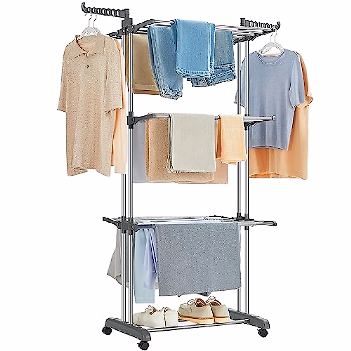 SONGMICS Clothes Drying Rack Stand 4-Tier, Foldable Laundry Drying Rack 67.7-Inch Tall, Stainless Steel, Rolling Clothes Horses Dryer Rack, Easy to Assemble, Indoor Outdoor Use, Gray ULLR701G01