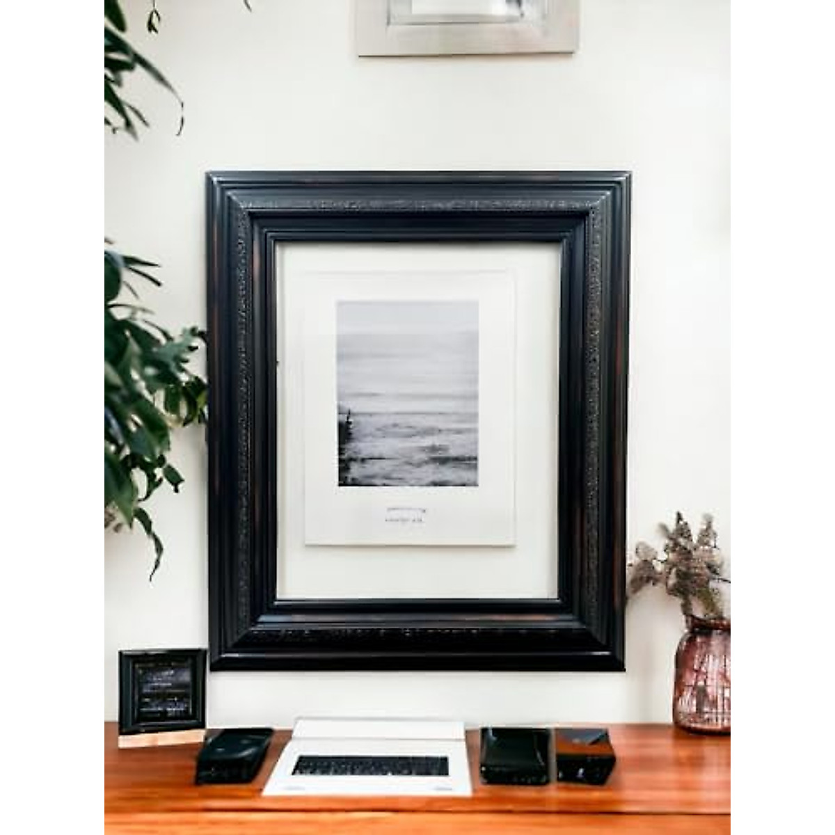 8 x 10 Traditional wood picture frame, handmade, custom made, handpainted, Distressed Black (8 X 10 W/PLEXIGLASS AND BACKING)