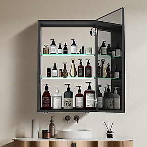 VESLINY Lighted Medicine Cabinet 20" X30"Anti-Fog 3 Color Lights Black LED Medicine Cabinet Mirror for Bathroom Dimmable Brightness Waterproof Aluminum Surface Mounted Medicine Cabinet with Mirror