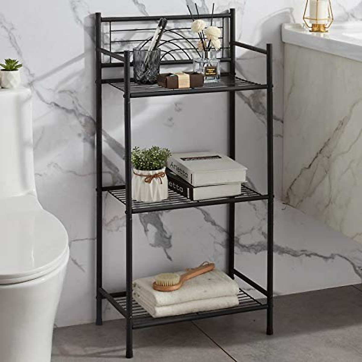 LEEDA 3-Tier Freestanding Multipurpose Storage Shelves Heavy Duty Metal Shelving Unit, Display Plants Flowers Bath Essentials, for Kitchen Bathroom Office, Black
