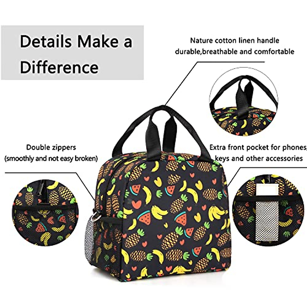 Insulated Lunch Bag for Women Girls Men,Cooler Lunch Tote Bag with Adjustable Shoulder Belt,Cute Portable Reusable Lunch Box Cooler Bag for Adult Girls Travel Picnic,Office,Working(Fruit)