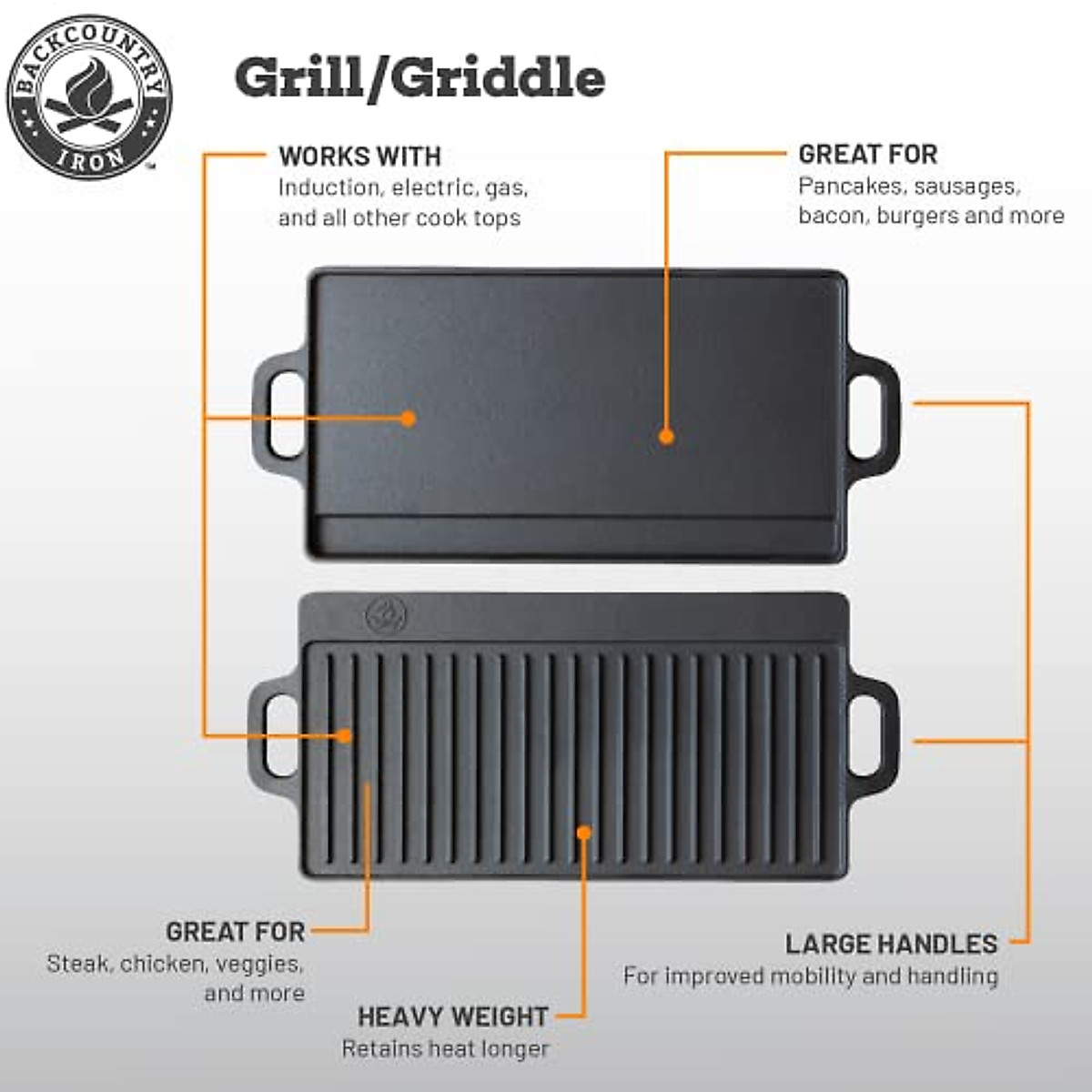 Backcountry Iron 20 x 9 inch Large Reversible Seasoned Cast Iron Grill / Griddle