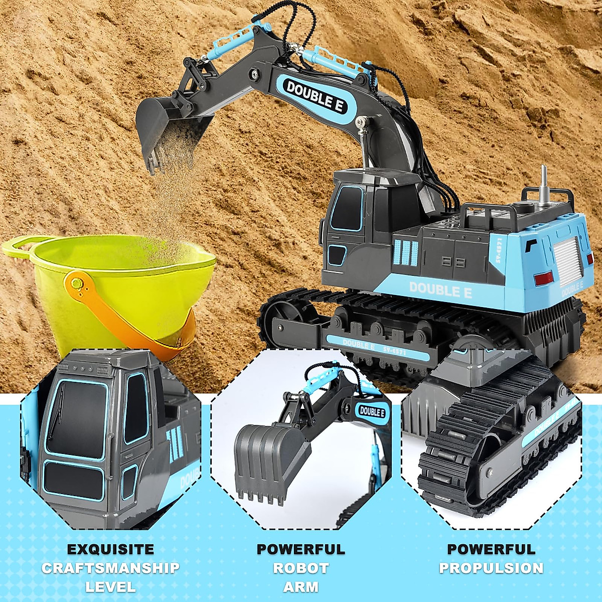 DOUBLE E Remote Control Excavator Toy RC Excavators Rechargeable Battery Digger Hydraulic Construction Toys Vehicles Xmas Gift for Boys Girls Kids 3-14 Years，Gray-Blue