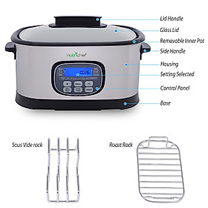 NutriChef Slow Cooker Electric Steamer - Sous Vide Cooking Mode, Stainless Steel High Pressure Multi-Cooker Crock Pot with Digital LCD Display, 11 Preset Cooking Modes, 6.5 Quart Capacity AZPKPC45
