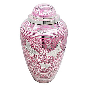 M MEILINXU Pink Butterfly Urns, Cremation Urns for Human Ashes - Display at Home or in Niche at Columbarium - Hand Engraved Urns for Ashes Adult for Female & Women & Mother(Butterflies - Brass Large