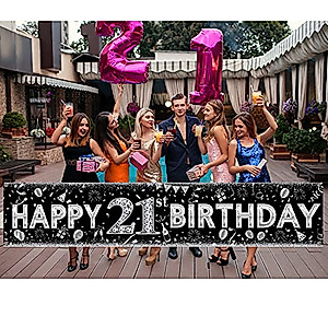 21st Birthday Decorations Yard Sign Banner Black Sliver Large Indoor Outdoor Happy Birthday Banner for Finally Legal Men Or Women Party Supplies