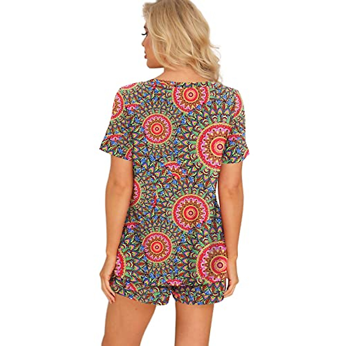 PrinStory Women's Pajama Set Short Sleeve Shirt and Shorts Sleepwear Pjs Sets with Pockets FP-Peacock Blue-Large