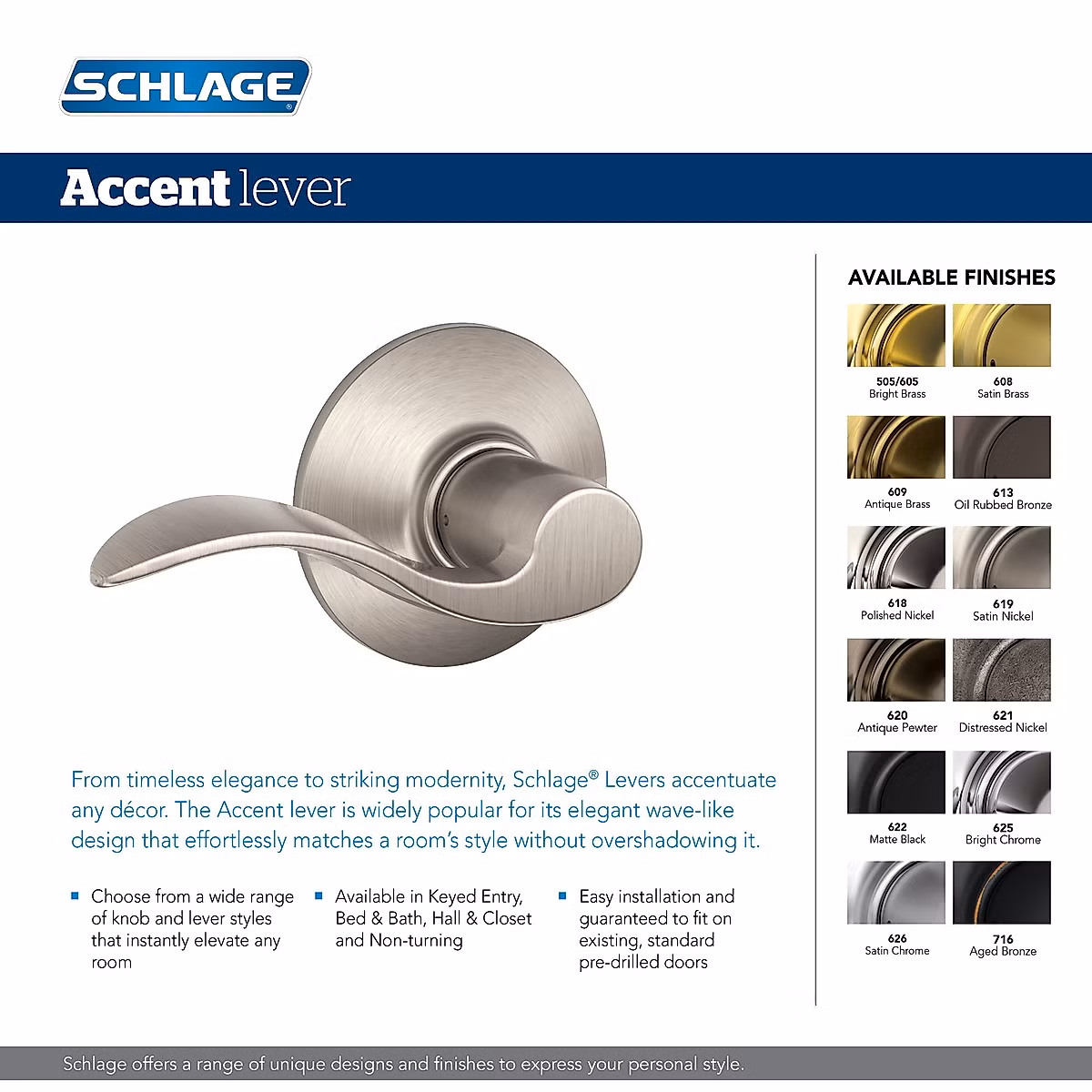 Schlage F51A ACC 622 Accent Door Lever, Keyed Entry Lock, Matte Black
