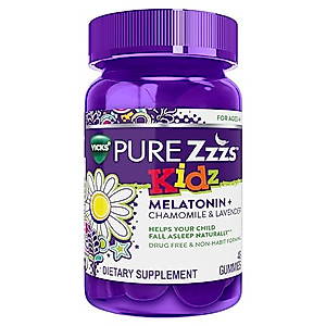 VICKS PURE Zzzs Kidz, Melatonin Sleep Aid Gummies for Kids and Children, Helps Your Child Fall Asleep Naturally, Low Dose Melatonin, Berry Flavored, 48 Gummies
