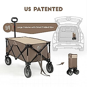 TIMBER RIDGE Folding Utility Wagon, Heavy Duty Foldable Garden Cart with Side Pocket and Cup Holders, Collapsible Wagon Cart for Garden, Sports, Shopping and Camping, Tan