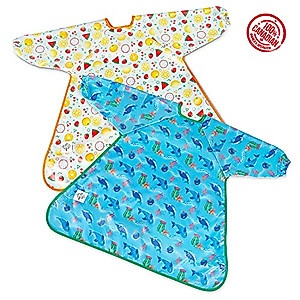 ShiShu Creations Weaning Bib Feeding Bib, Long Sleeve Bib, Ideal for Baby Led Weaning (BLW), Waterproof & Stain Resistant (Twin)