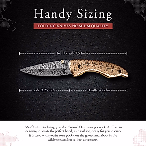 Morf Steelware Personalized Sheath 7.5 inch Hand Forged Copper Handle Damascus Pocket Knife for Men, Camping & Hunting Folding Knife, Handmade Damascus Steel Hunting Knife