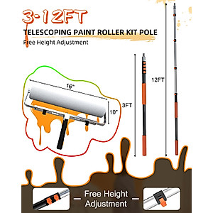 Buyplus 18 Foot High Reach Paint Roller with Lightweight Sturdy Aluminum 3-12FT Telescoping Extension Pole, Multi-Function Paint Roller Kit, House Paint Roller Brush for Walls, Ceiling, Decks, Doors