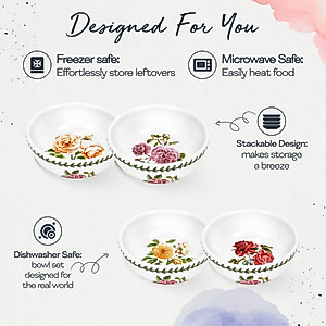 Portmeirion Botanic Roses 5-Inch Bowl, Assorted Rose Motifs, set of 4, Dishwasher, Microwave, and Warm Oven Safe, Ceramic Bowls for Dessert, Ice Cream, and Oatmeal