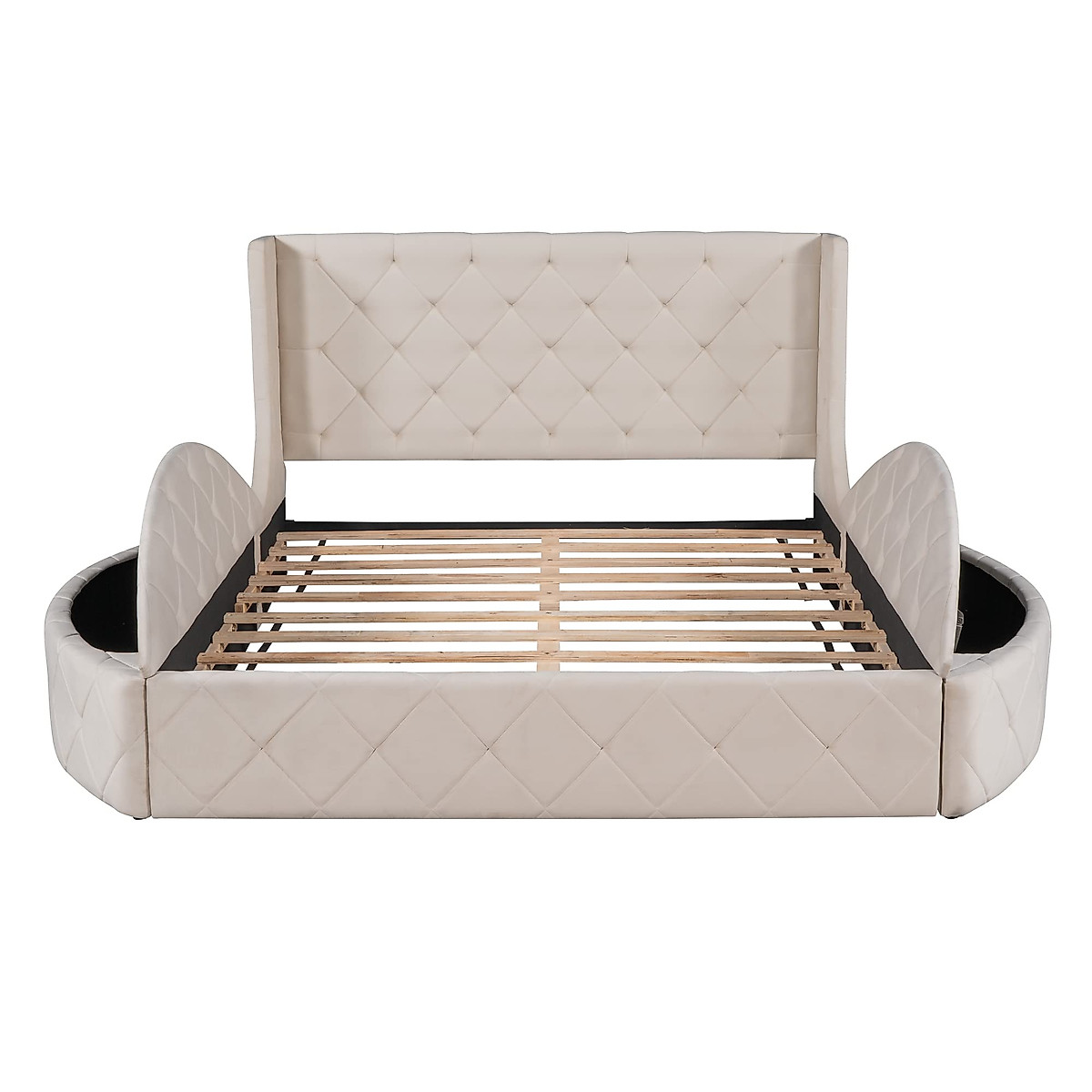 Velvet Upholstered Queen Platform Bed with Storage, Queen Size Bed Frame with Headboard, 1 Big Drawer and 2 Side Storage Stool, Strong Wooden Slats/Easy Assembly/Beige