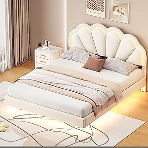 Queen Size Upholstered Smart LED Bed with Elegant Flowers Headboard, Floating Velvet Upholstered Bed with Wooden Slats Support, Upholstered Smart LED Bed Frame for Kids Teens Boys Girls (Beige-ZC18J)