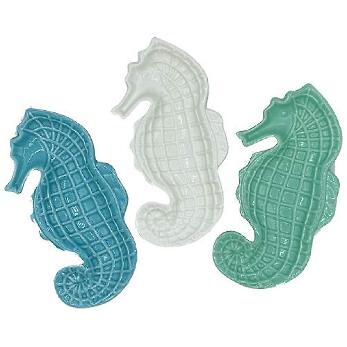 Barry Owens BV1109 3 Assorted Ceramic Seahorse Decorative Tray Dish 8.75 Inches X 4.25 Inches Blue, Seafoam Green and White