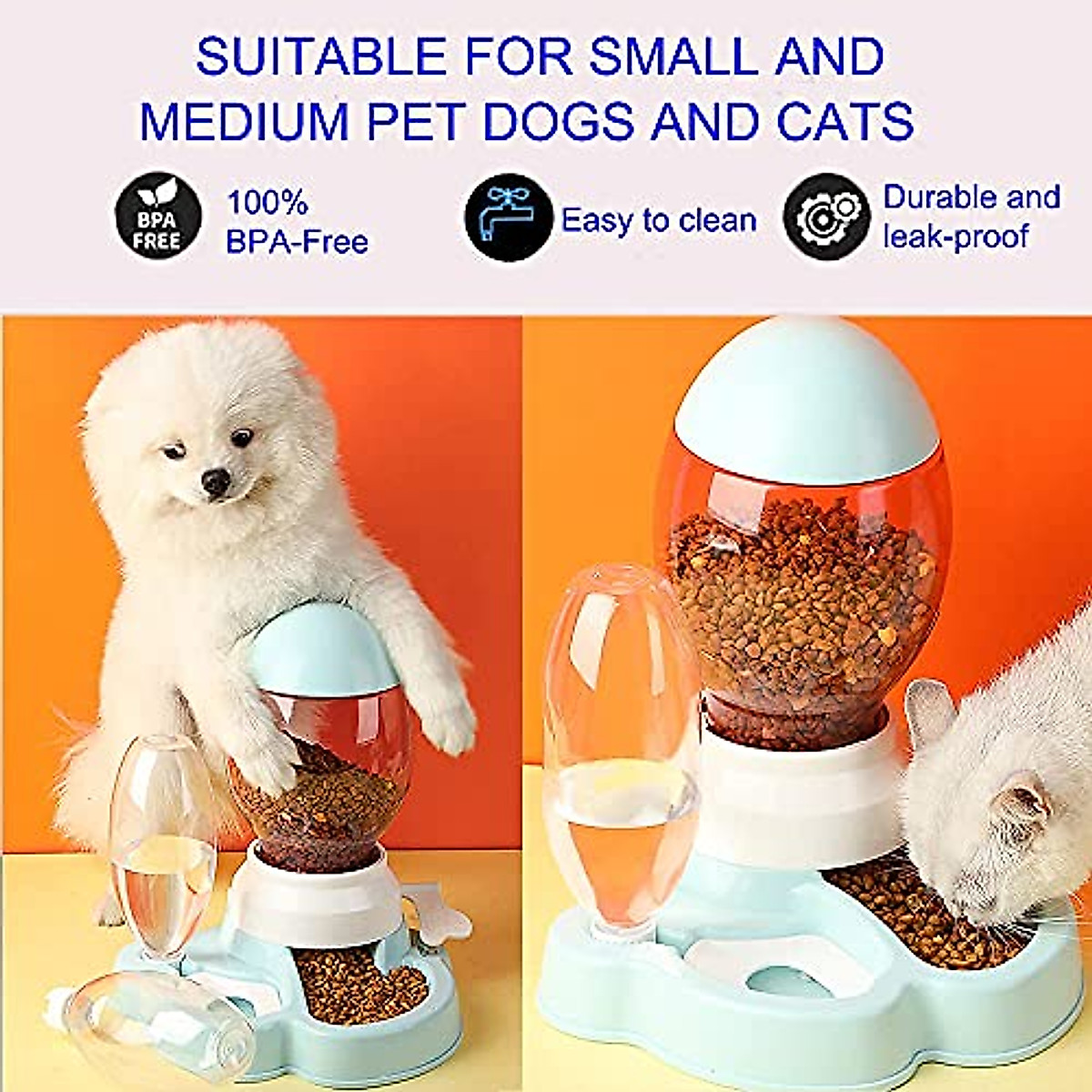 KTWEGOFU Automatic Cat Feeder and Water Dispenser，Auto Gravity Food Feeder & Non Spill Water Dispenser 2 in 1, Durable Plastic Pet Food Bowl for Small Medium Cats and Dogs (Blue)