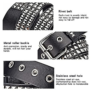 FOCAST Black Studded Belt Punk Rock Rivet Belt Grommet Threads Belt with Bright Metal Pyramid for Women Men (Black)