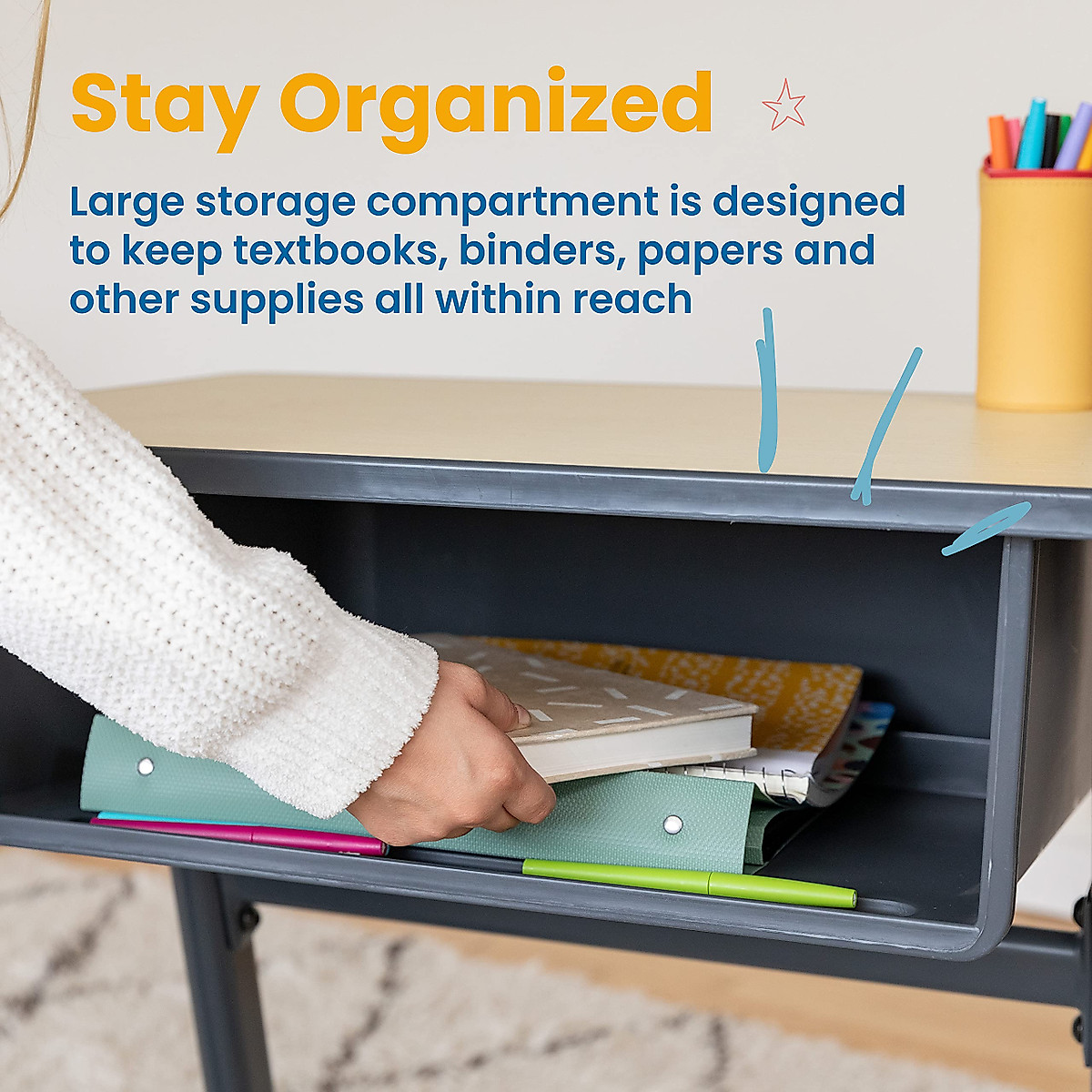 ECR4Kids Cave Open Front Desk with Plastic Book Box, Classroom Furniture, Maple/Black