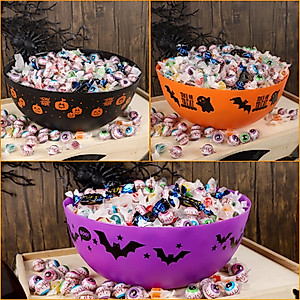 Zcaukya 3 Packs Halloween Candy Bowls, 9.6" Plastic Trick-Or-Treat Holders Pattered with Bat Ghost Jack-O-Lantern, Purple Black Orange Treats Serving Trays for Halloween Parties Supplies