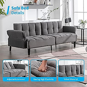 Mjkone Modern Futon Sofa Bed, Velvet Loveseat Sleeper Sofa Bed with Adjustable Backrest, Futon Couches for Living Room, Folding Bed Futons with Adjustable Armrests - Light Gray