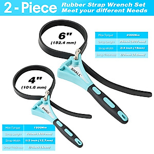 SHALL 2-Piece Rubber Strap Wrench Set, Adjustable Oil Filter Wrench, Jar Opener, 4" & 6" Max Rotation Diameter, Anti-slip Handle, 2-Pack PVC Gloves Included, for Pipe, Oil Filter, Jar, Water Faucet