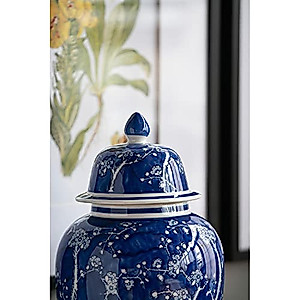 18" Porcelain Jar with Lid - Blue & White Cherry Blossom Print - Perfect for Any Room in Your Home