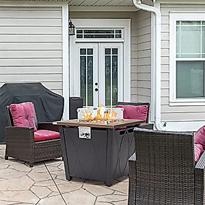 ESSENTIAL LOUNGER 28” Propane Gas Fire Pit Table, 50,000BTU Auto-Ignition Propane Gas Fire Table, with Tempered Glass Cover and Black Steel Lid