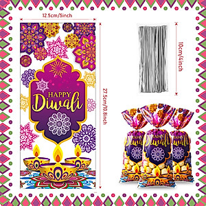 100 Pieces Happy Diwali Party Favor Bags, Festival of Lights Gift Candy Bags with Twist Ties Cellophane Plastic Treat Goodie Bags for Diwali Party, Indian Lights celebration Party Supplies Decoration