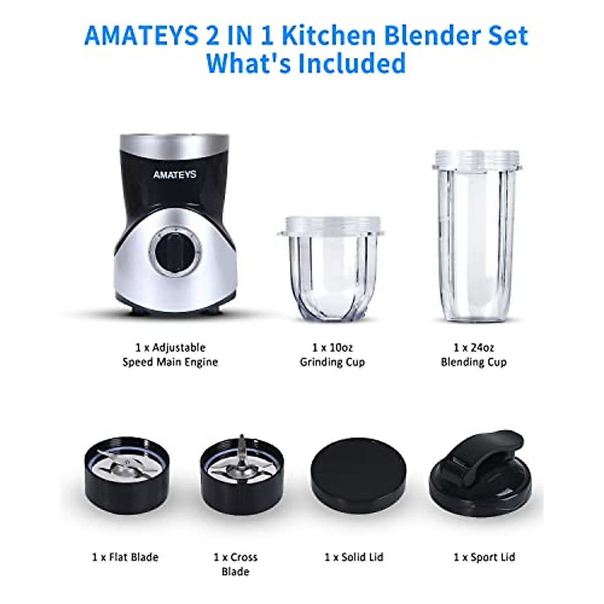 Amateys Personal Blender for Shakes and Smoothies,Professional Kitchen Blender with Blending & Grinding Blades, Portable Coffee Grinder with 24/10 OZ Travel Bottles, Adjustable Speeds Juice Blender