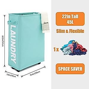 Caroeas 22" Rolling Slim Laundry Basket with Stand Foldable Waterproof Hamper and Organizer on Wheels Tall Thin Dirty Laundry Hamper Baskets Home Corner Bag Light Blue