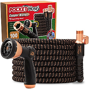 Pocket Hose Copper Bullet Expandable Garden Hose w/10 Pattern Thumb Spray Nozzle AS-SEEN-ON-TV 100 FT 650psi 3/4 in Patented Lead-Free Ultra-Lightweight Solid Copper Anodized Aluminum Fittings No-Kink