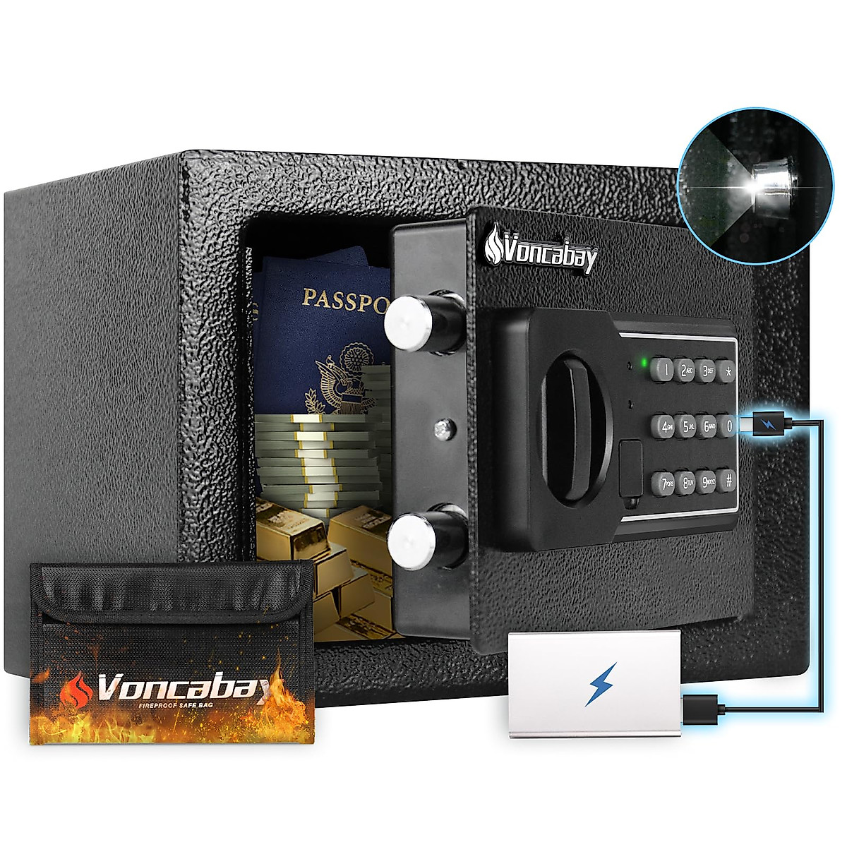 Voncabay Money Safe Box for Home with Sensor Light and Mute Function & Fireproof Security Safe Box for Money Safe with Emergency Power Outlet, Lock Box Fireproof Safe with Digital Keypad