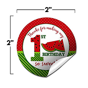 Red Watermelon 1st Birthday Party Thank You Sticker Labels, 40 2" Party Circle Stickers by AmandaCreation, Great for Party Favors, Envelope Seals & Goodie Bags