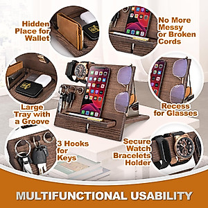 TESLYAR Wood Phone Docking Station Ash Hooks Key Holder Wallet Stand Watch Organizer Men Husband Wife Anniversary Dad Birthday Nightstand Purse Tablet Father Graduation Male