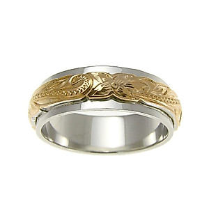 Arthur's Jewelry Sterling silver 925 2 tone yellow gold plated Hawaiian princess scroll 4/6mm double band ring size 8