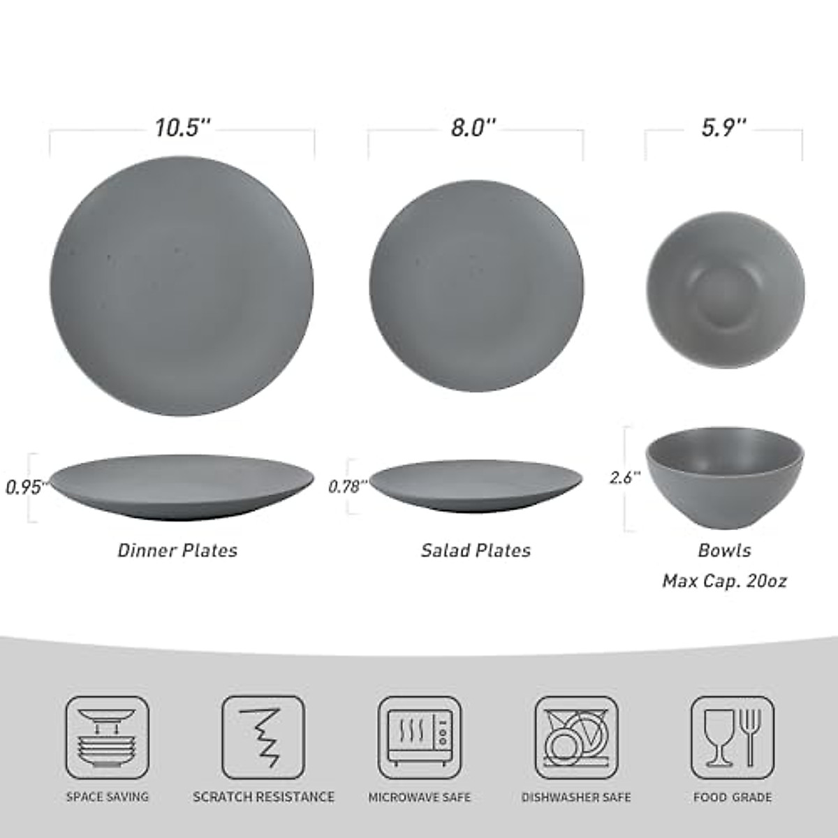 Famiware Moon Dinnerware Sets for 4, 12 Piece Stoneware Plates and Bowls Sets with Speckled Design, Microwave and Dishwasher Safe, Dark Gray