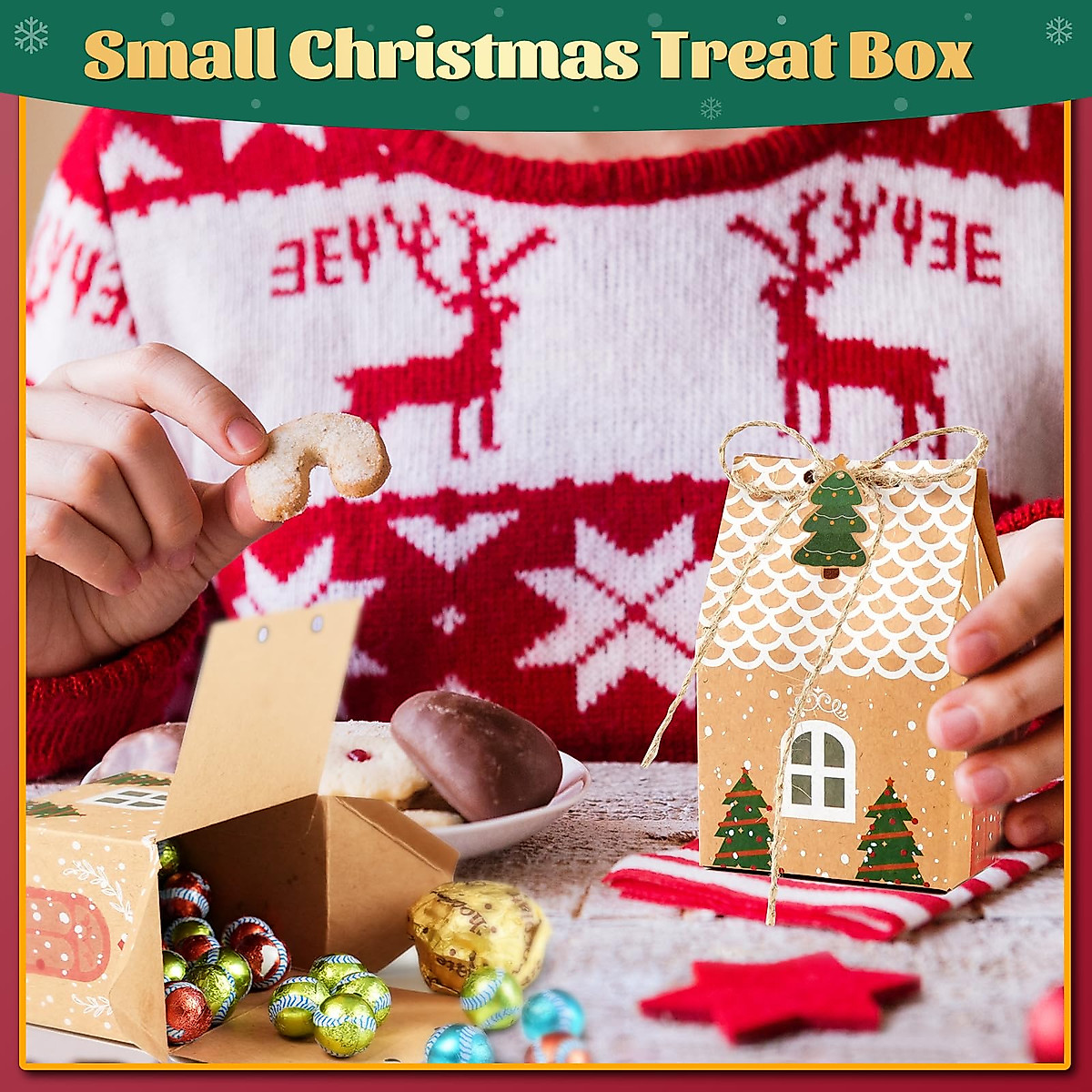 ZMLM Small Christmas Treat Boxes 20Pcs Christmas Gingerbread Boxes with 24 Ornaments Tags, Mini Christmas Gift Boxes Candy Cookie Boxes Kraft Wrapping Paper Gift Wrap Bags for Xmas Party Favors Gifts