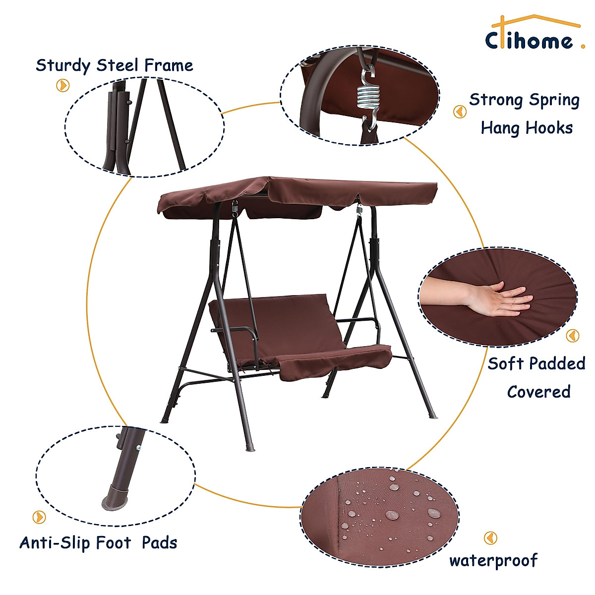 Clihome Porch Swing Chair Outdoor Patio Swing Set 2-Person Swing Chairs for Outside Outdoor Swings for Adults Adjustable Canopy Suitable for Patio, Garden, Poolside, Balcony, Backyard(Brown)